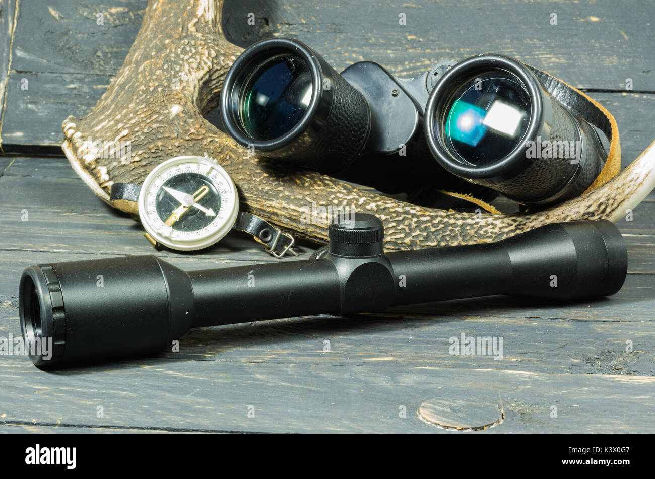 Binoculars and sight for hunting. Hunter compass. Hunting Stock Photo ...