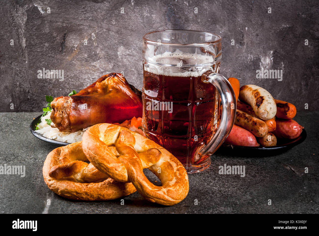 Selection of traditional German food Oktoberfest. Beer, baked pork ...