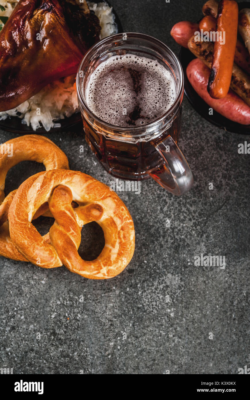 Selection of traditional German food Oktoberfest. Beer, baked pork ...