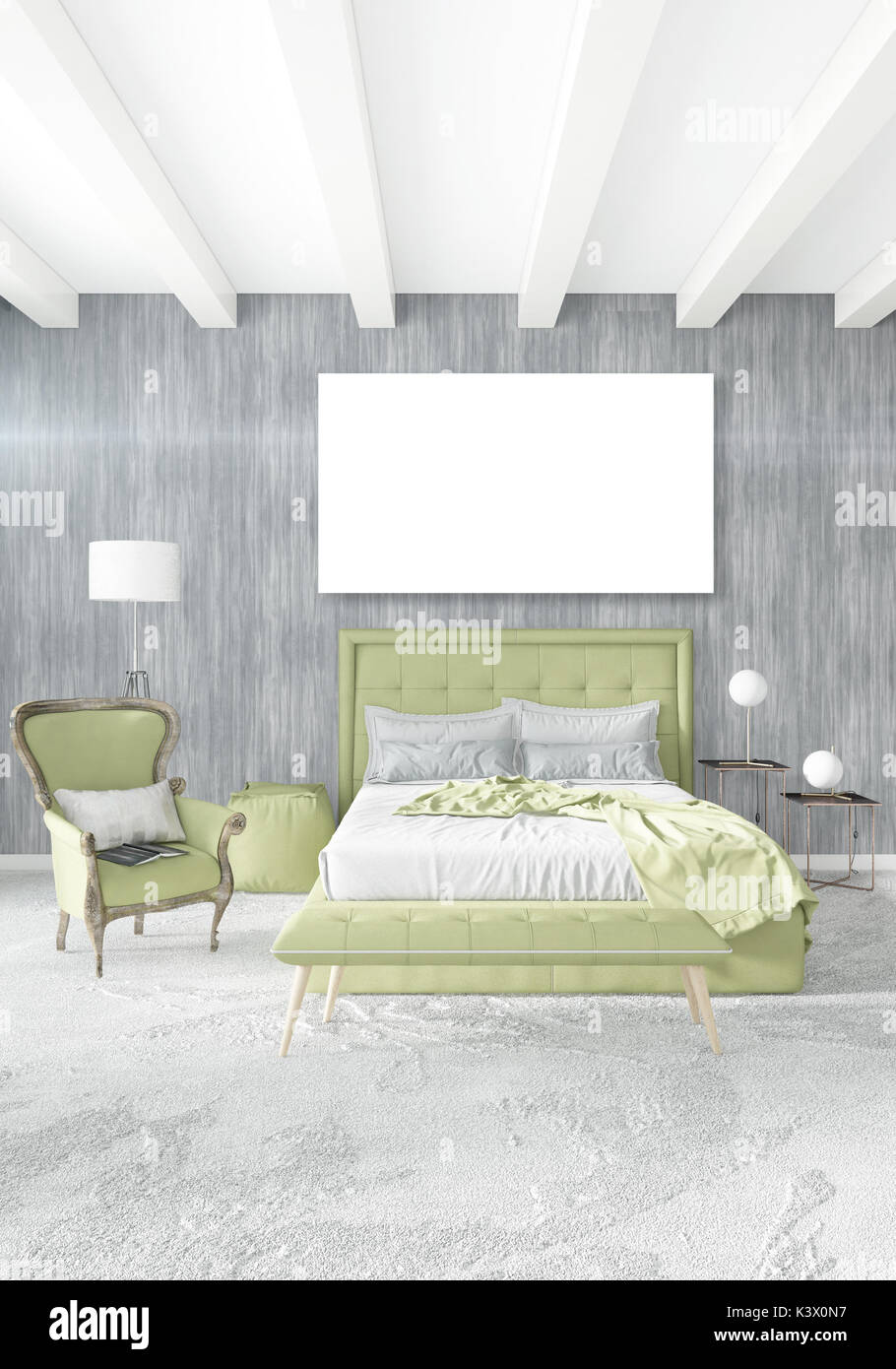 Vertical modern interior bedroom or living room with eclectic wall and ...