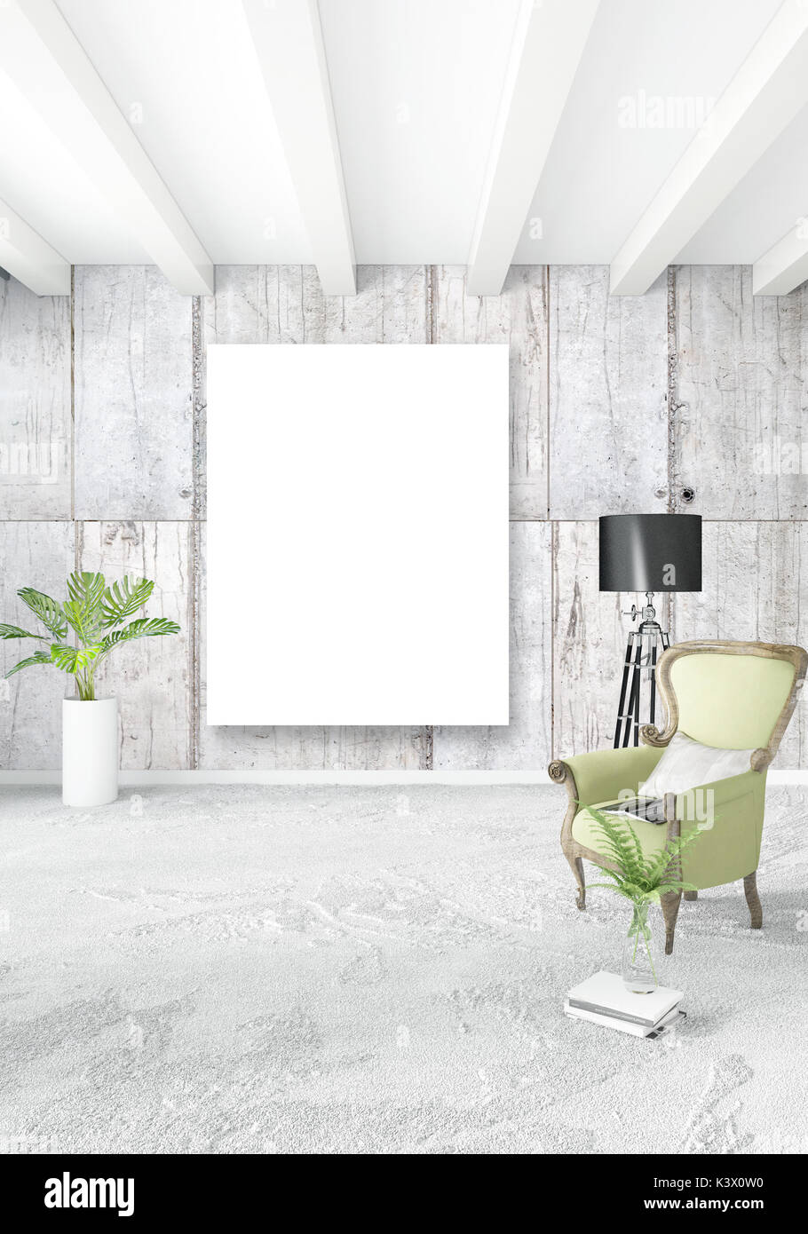 Vertical modern interior bedroom or living room with eclectic wall and ...