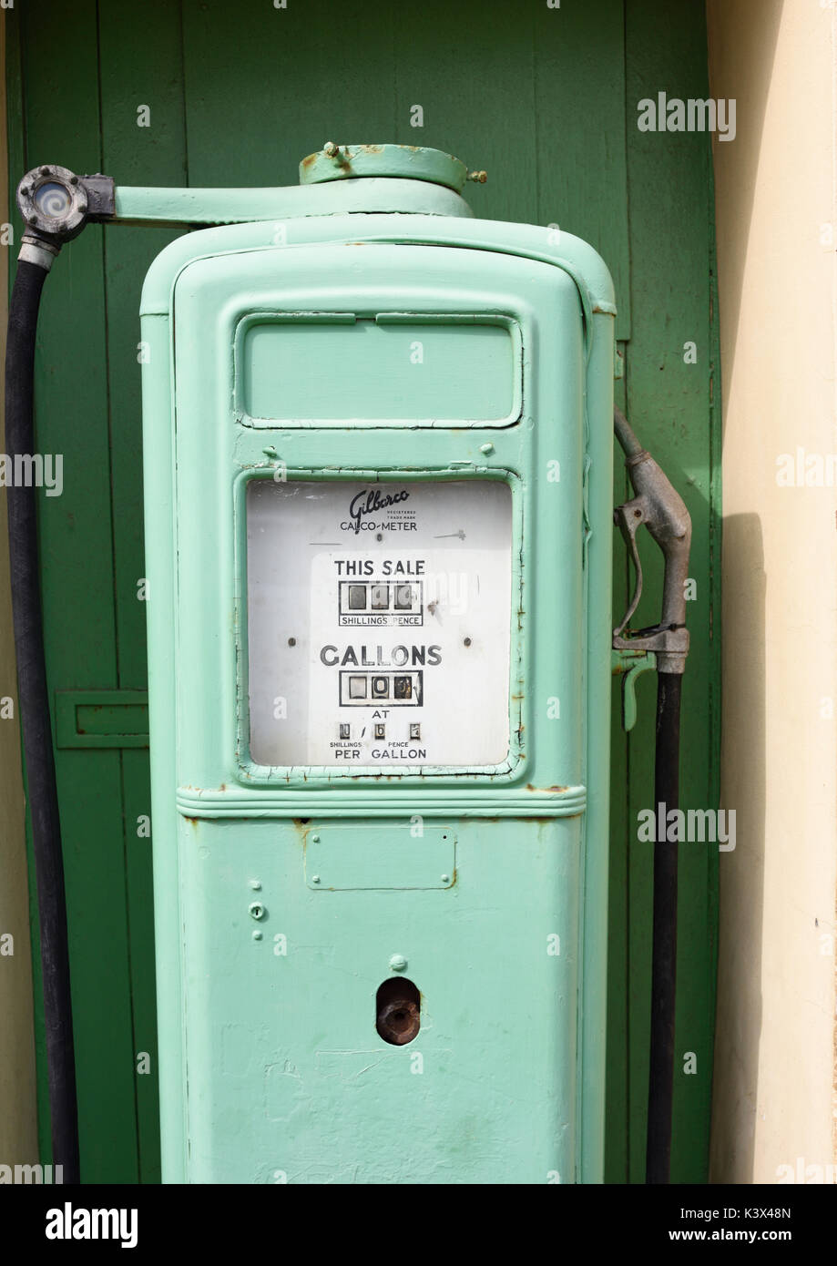 Green painted gilbarco calco-meter gas pump in llandudno north wales uk ...