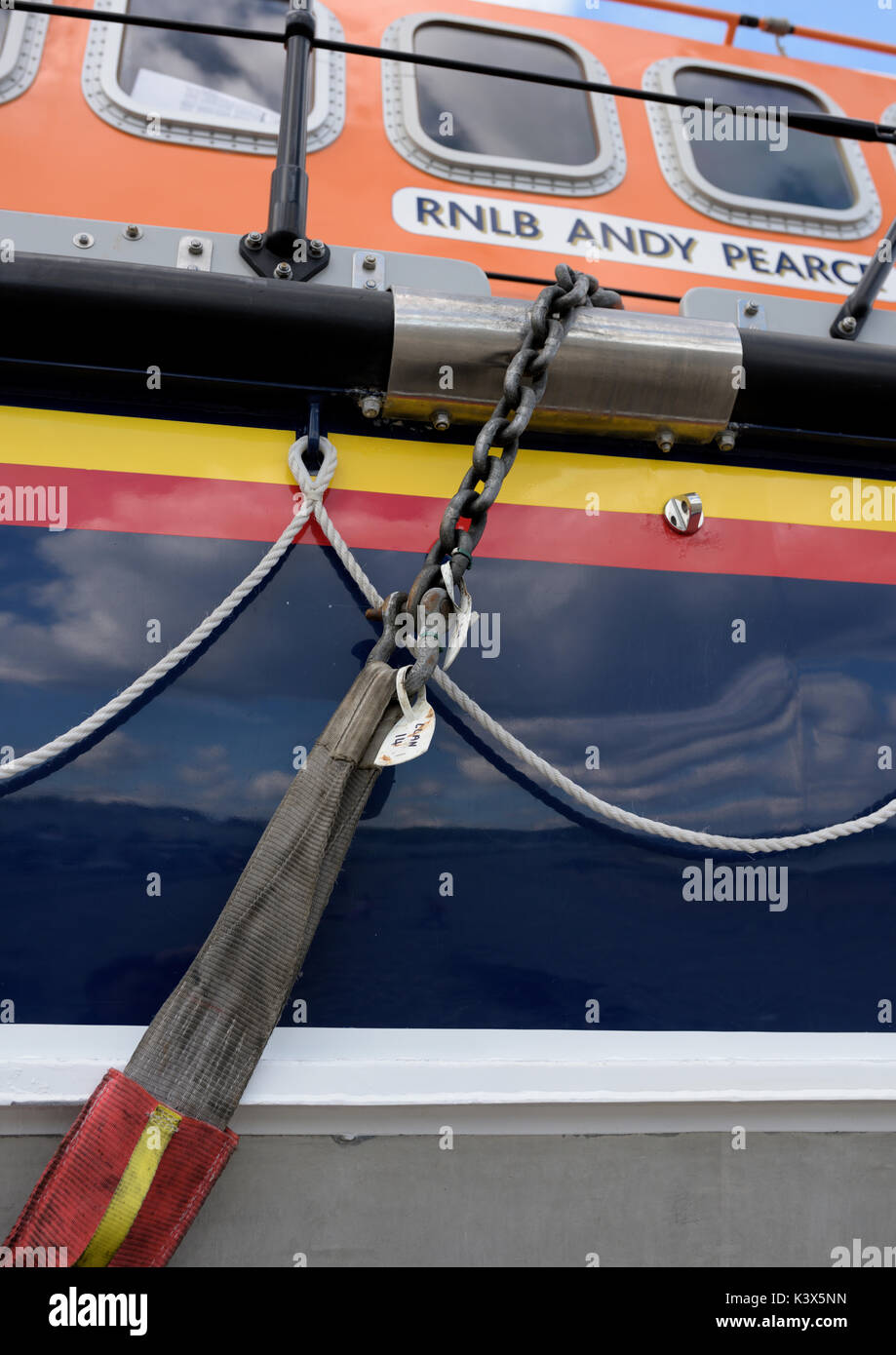 Mersey class all weather lifeboat with chain and strop in north wales ...