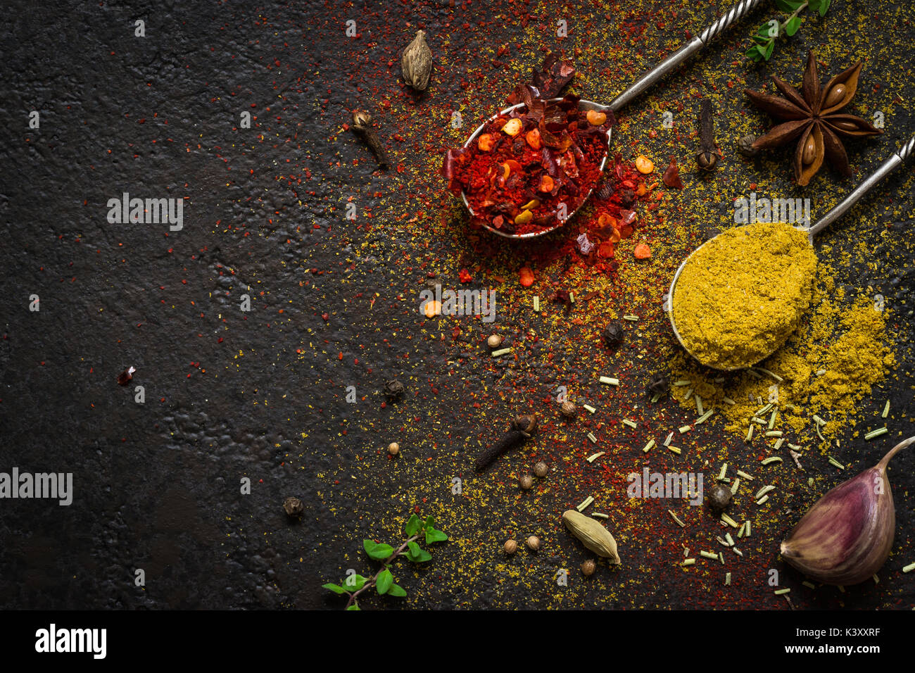 Spices food background. selection variety dry Whole and ground spices ...