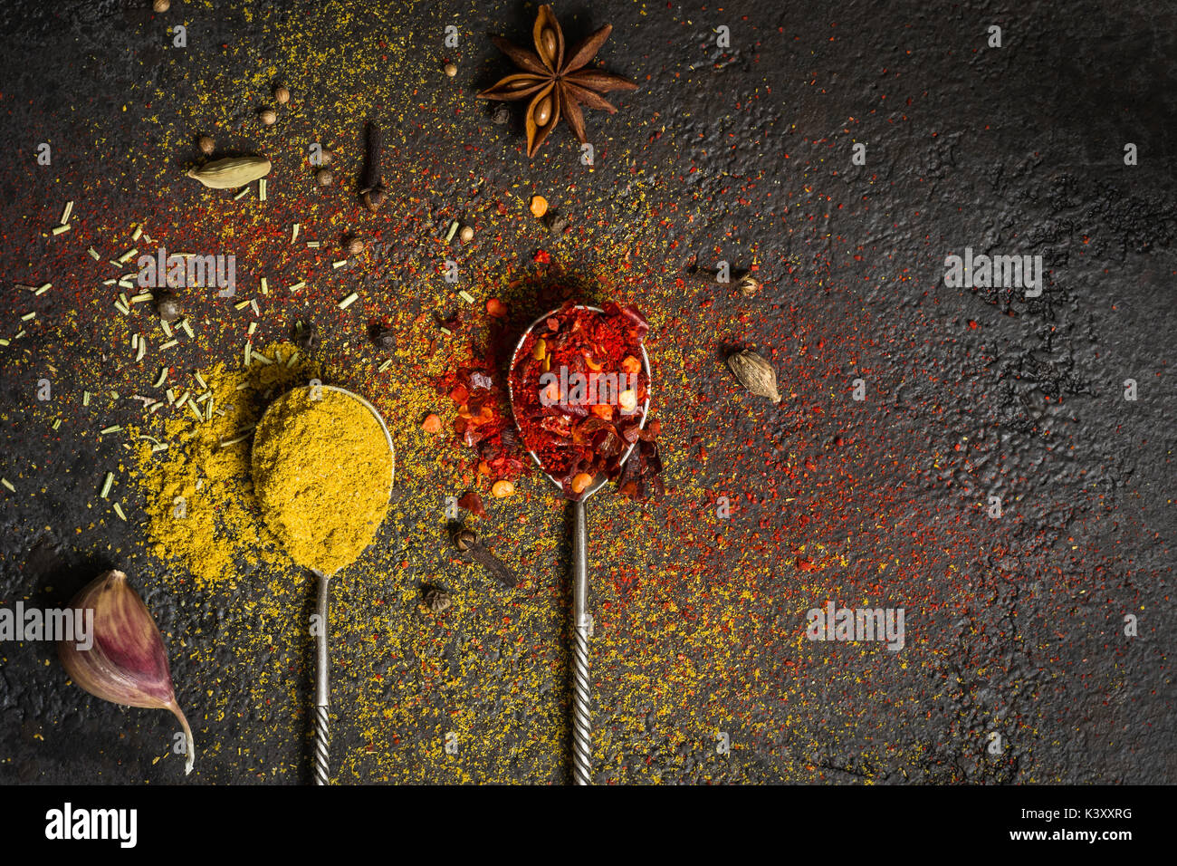 Spices food background. selection variety dry Whole and ground spices ...