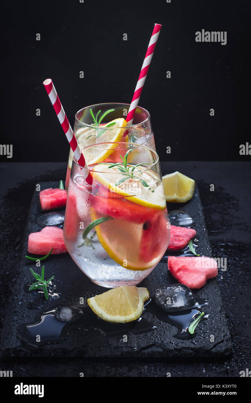 Watermelon lemon Refreshing summer drink with pieces of watermelon in ...