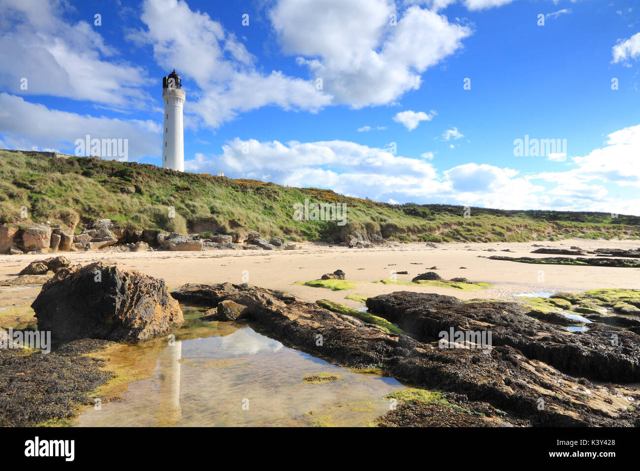 Covesea Skerries lighthouse near Lossiemouth on the Moray coast ...