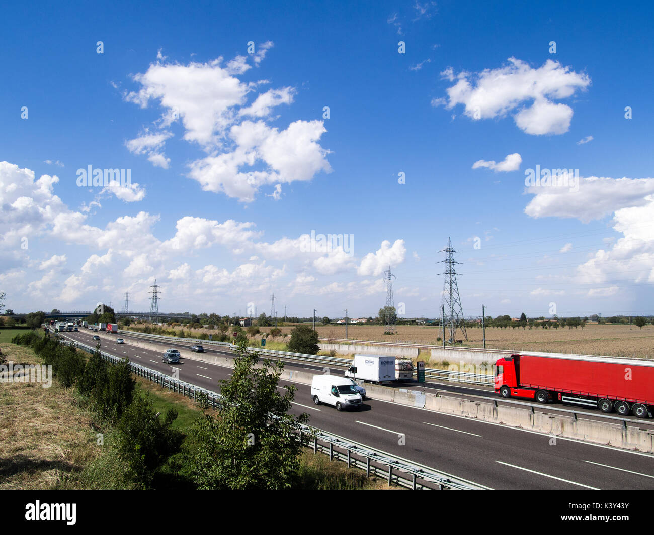 View of the highway A1 in Italy from elevated pow bridge, day light ...