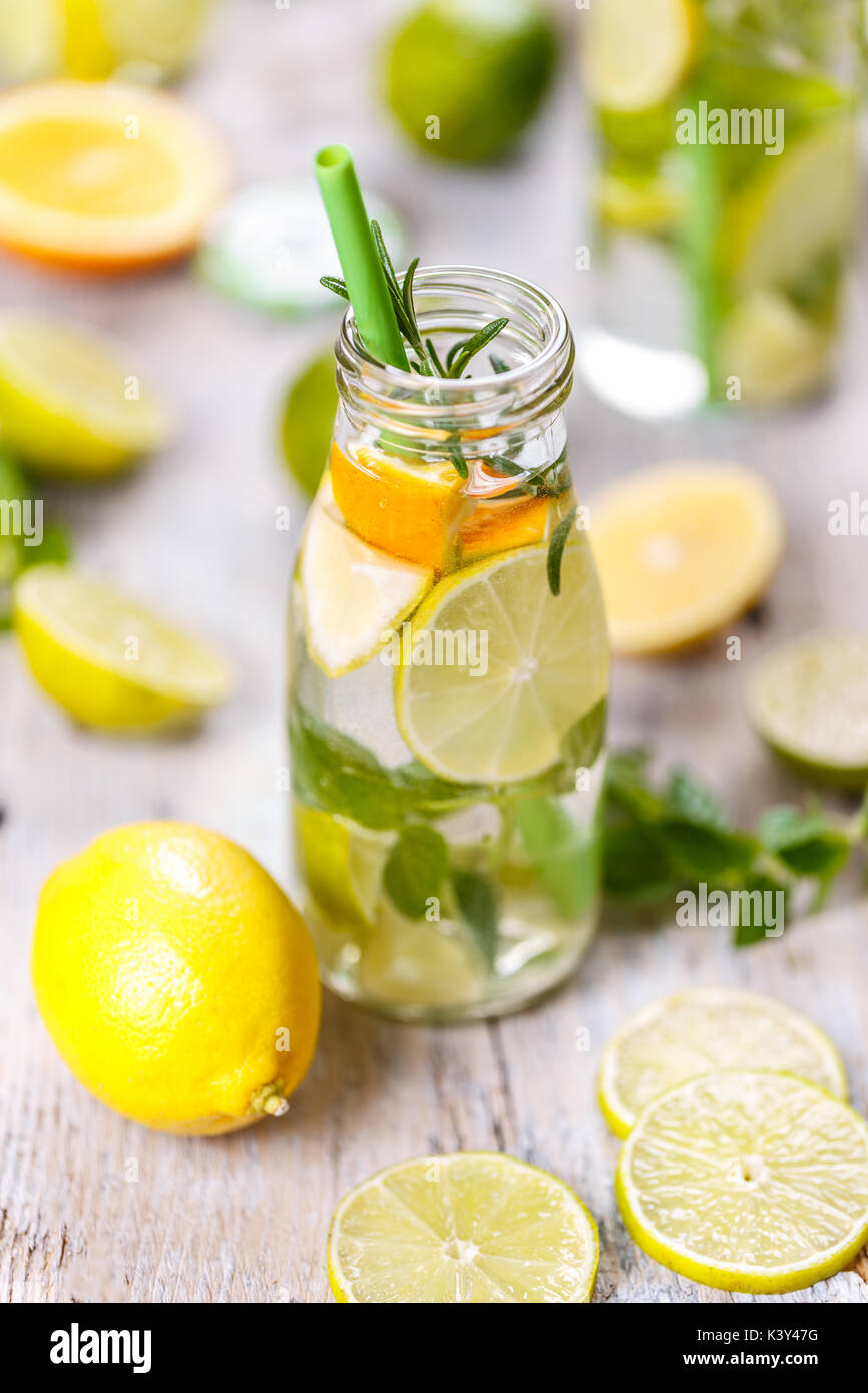 Lemon water in glass bottle. Healthy detox concept Stock Photo - Alamy