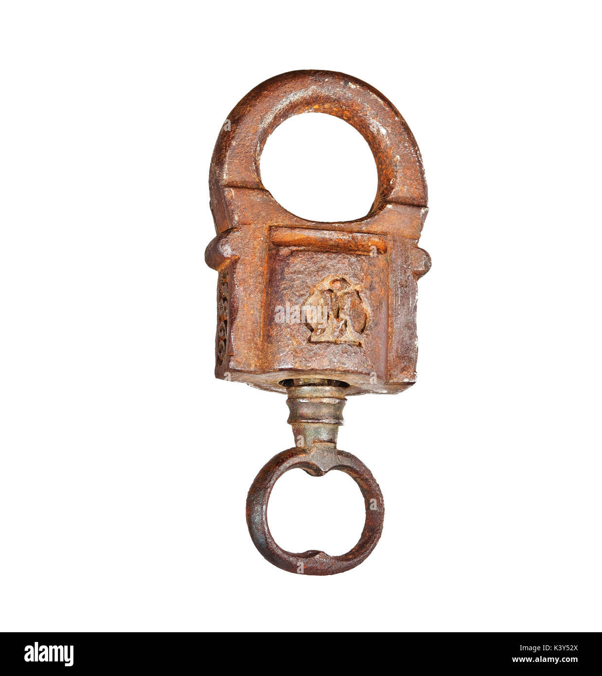Antic open lock and key on white background. 1866 Year produced Stock ...