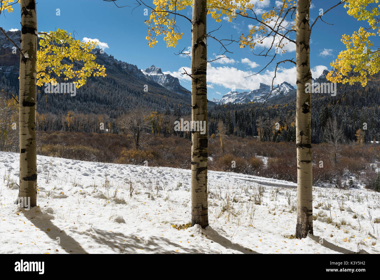 Redcliff and Coxcomb Peak viewed from Cimarron River Valley after early ...