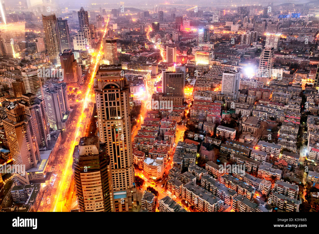 The city of nanjing china lit up at night as seen from the top of ...