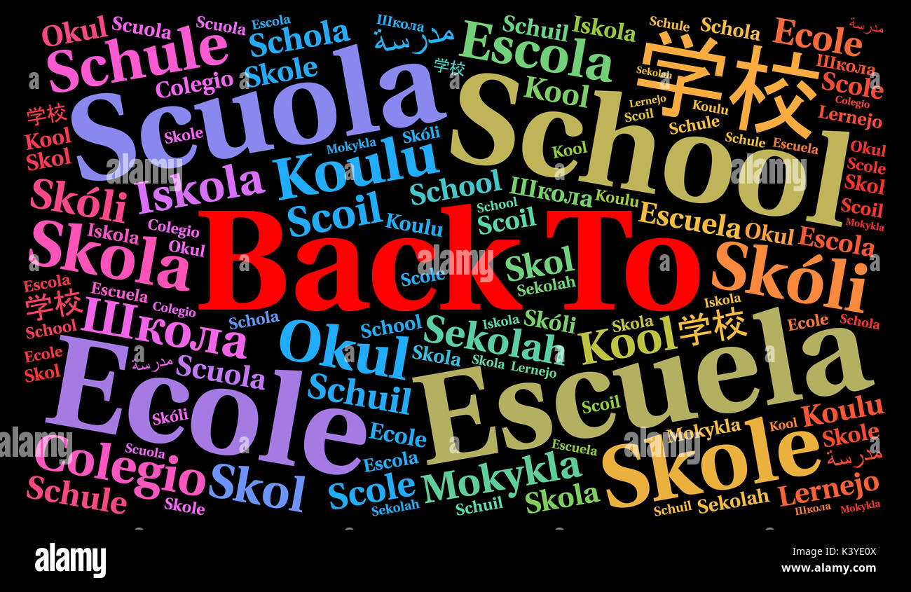 Back to school in different languages word cloud Stock Photo - Alamy