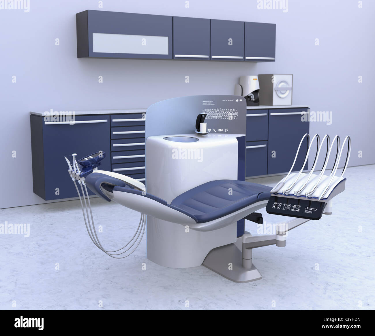 Dental office interior with metallic blue unit equipment and cabinet ...