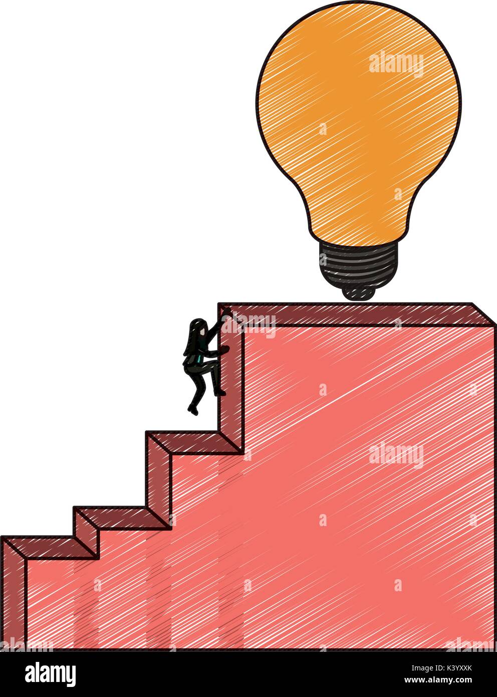 businesswoman climbing stair block structure with light bulb in the top ...