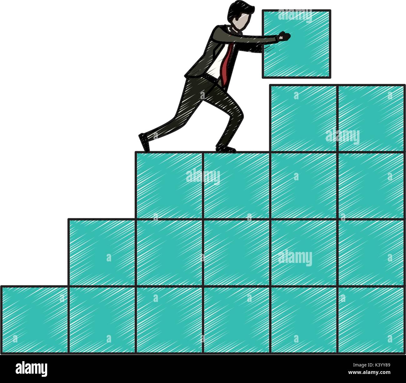 businessman pushing a block in structure of bricks in pencils colored ...