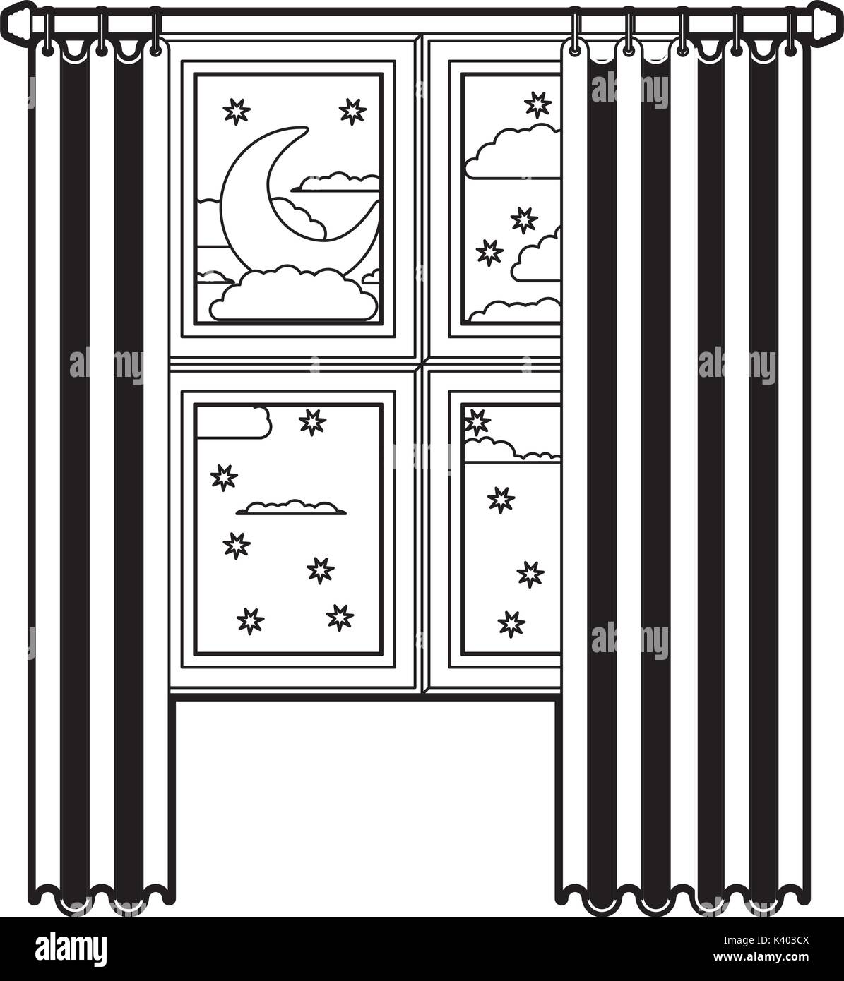 window with curtain and night landscape black color section silhouette ...