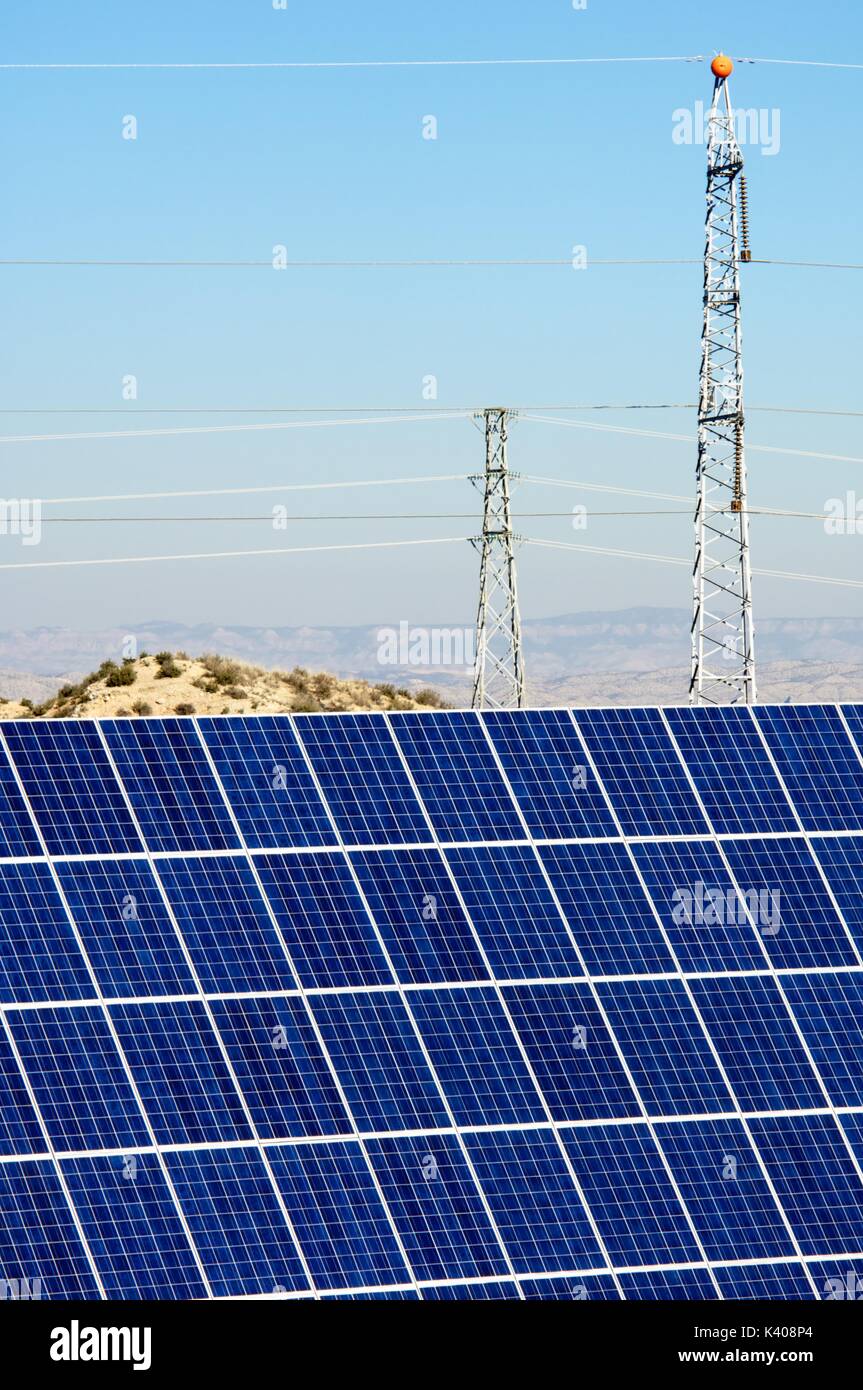 photovoltaic panels detail in blue color in Mediana de Aragon ...