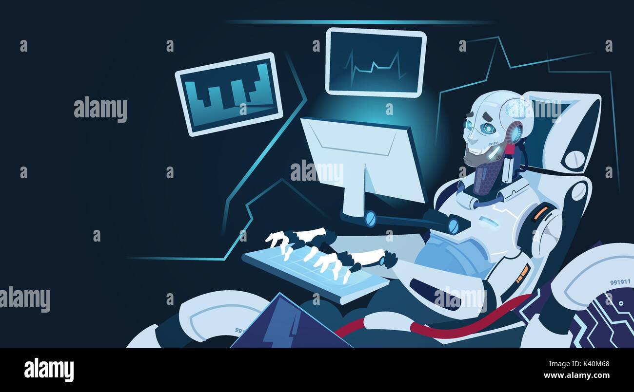 Modern Robot Working On Computer Futuristic Artificial Intelligence ...