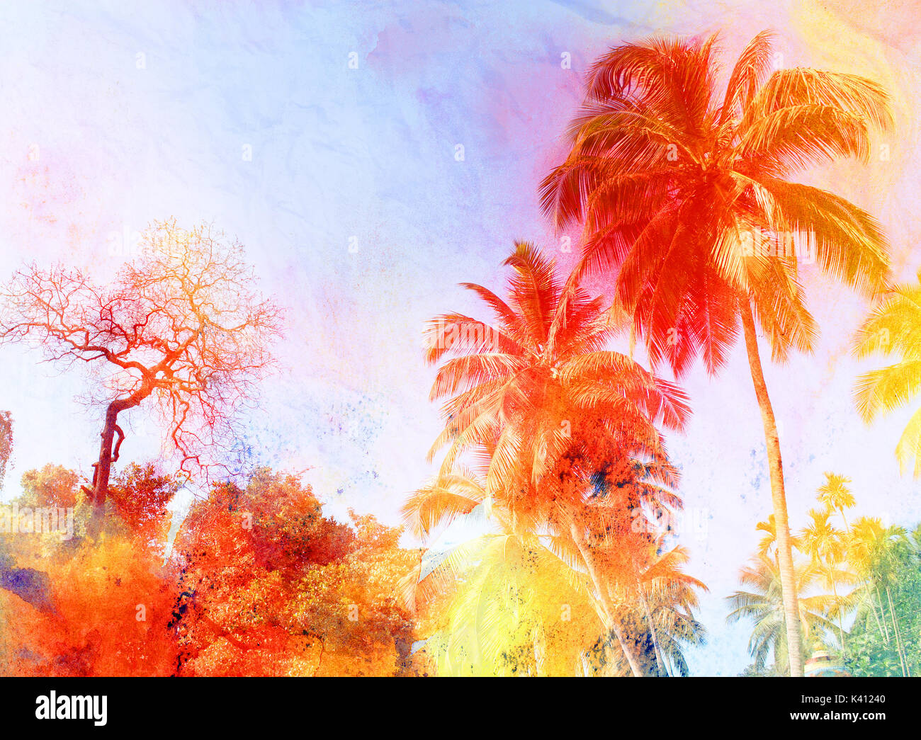Retro photo background with palm trees and sunshine paradise island ...