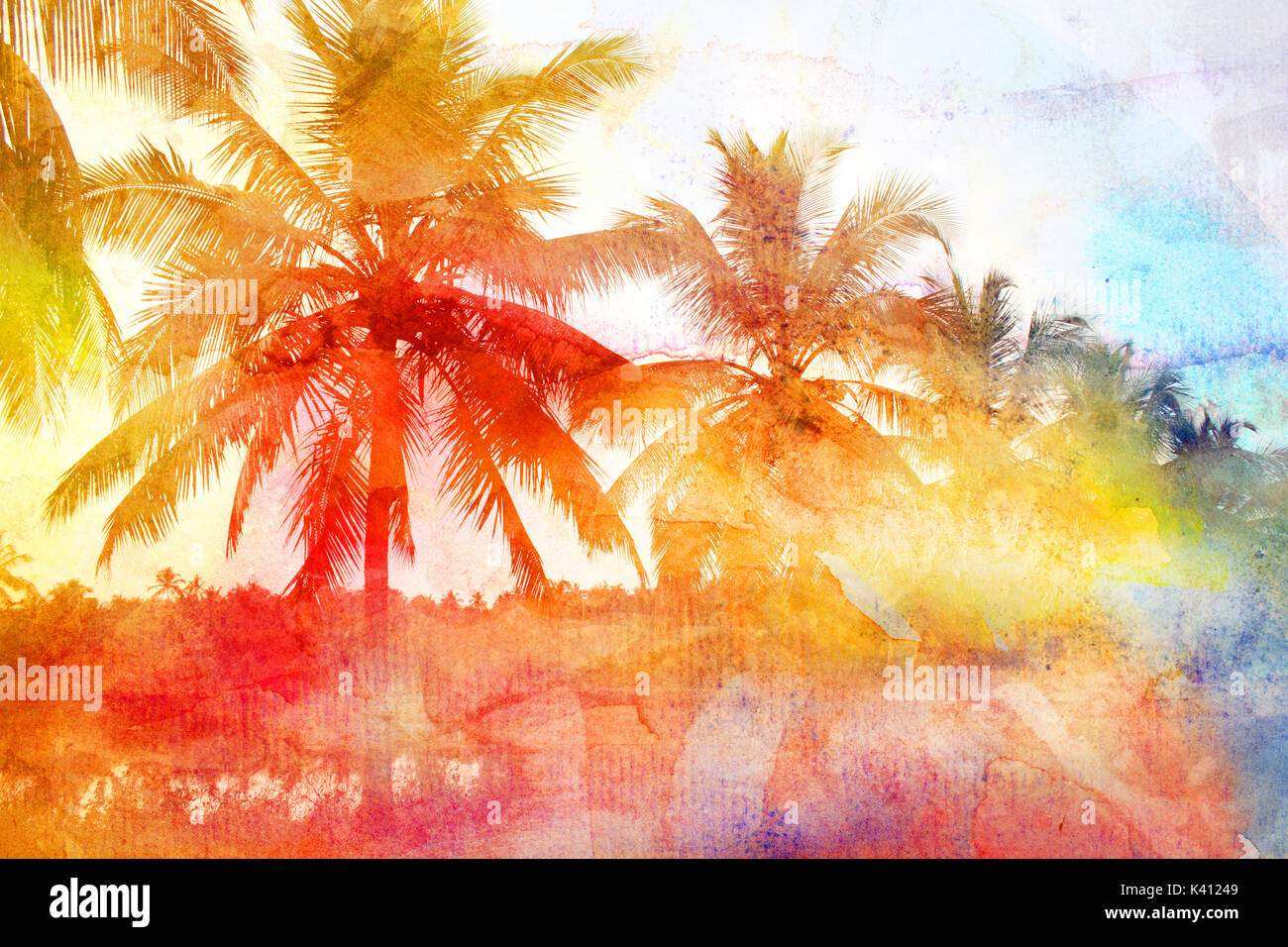 Retro photo background with palm trees and sunshine paradise island ...