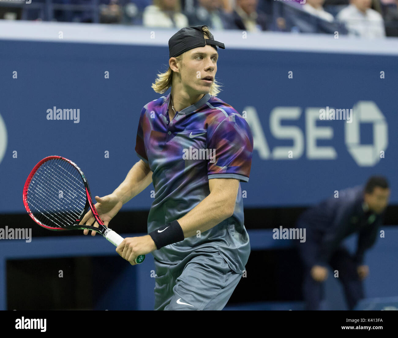 Denis Shapovalov of Canada returns ball during match against Pablo Carreno Busta of Spain at US ...