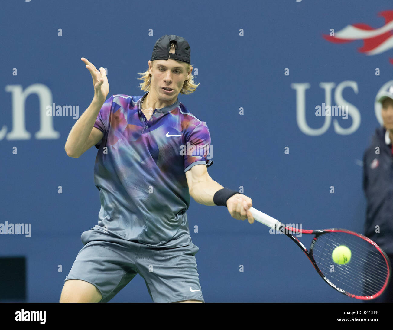 Denis Shapovalov of Canada returns ball during match against Pablo Carreno Busta of Spain at US ...