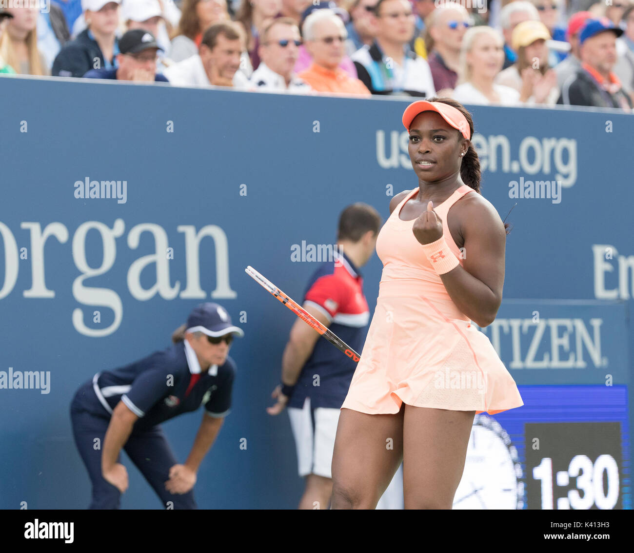 New York, United States. 03rd Sep, 2017. Sloane Stephens of USA reacts ...