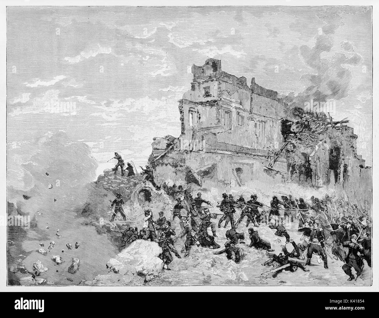 Ancient violent battle on a hill with smoking ruins. Defense of Villa ...