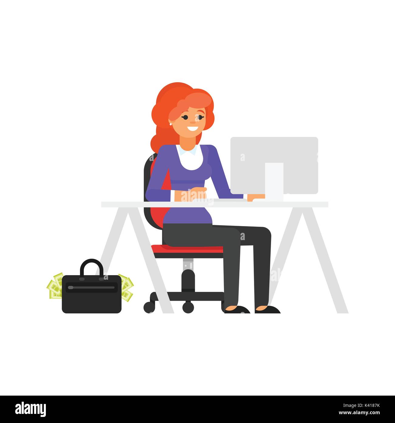 Vector flat style illustration of happy working businesswoman at her ...