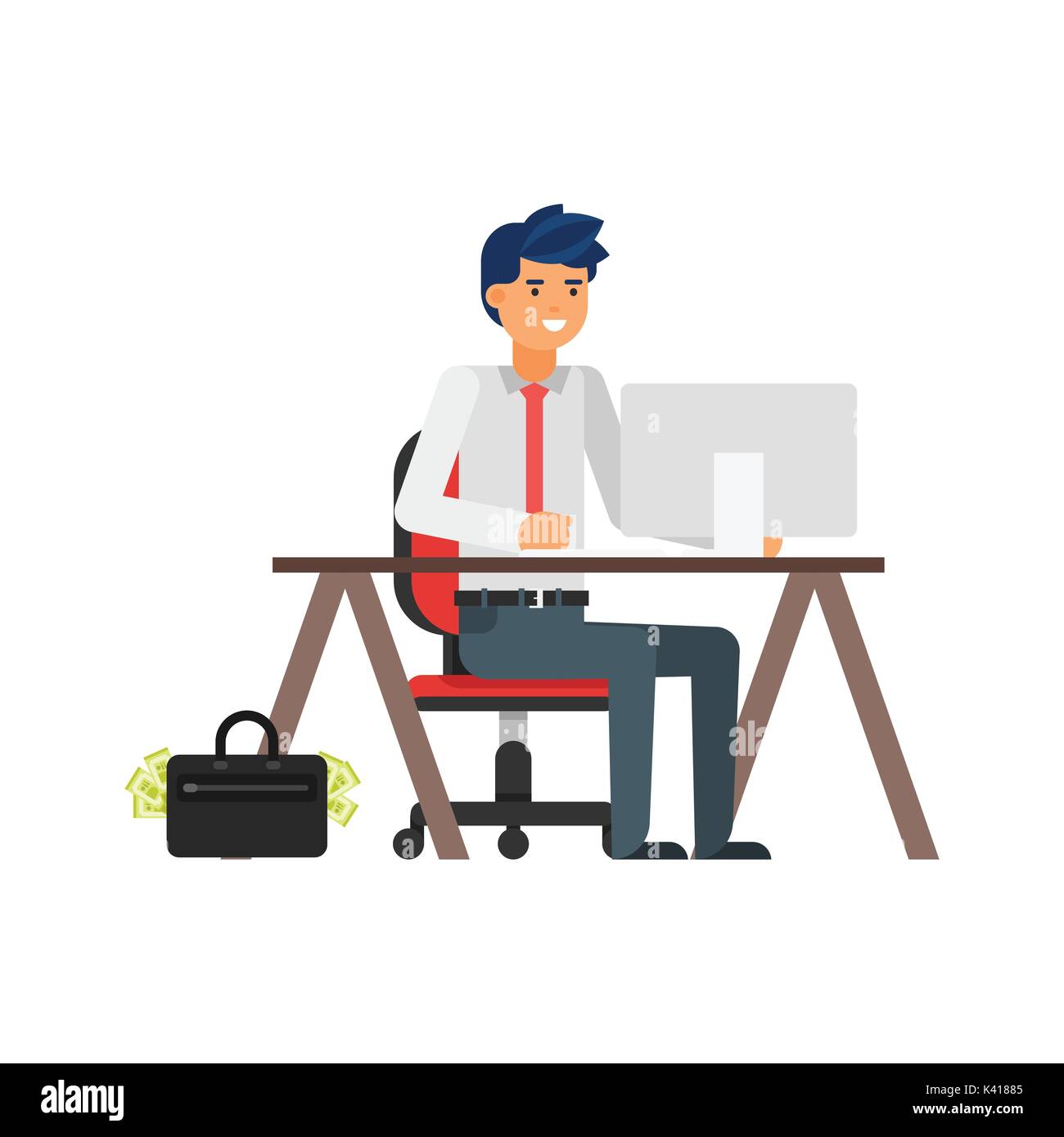 Vector flat style illustration of happy working businessman at his ...