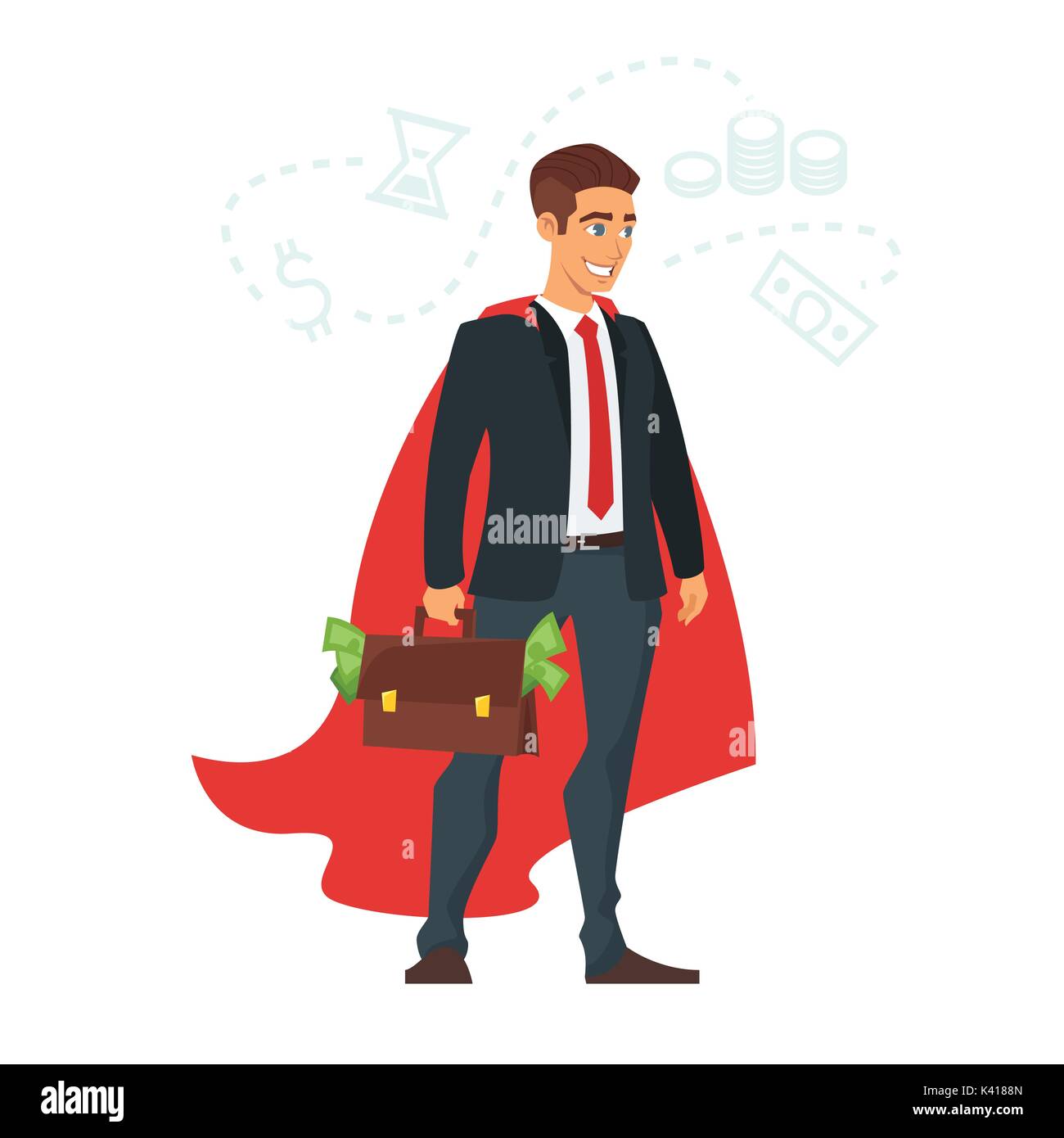 Vector cartoon style illustration of happy businessman in red cloak ...