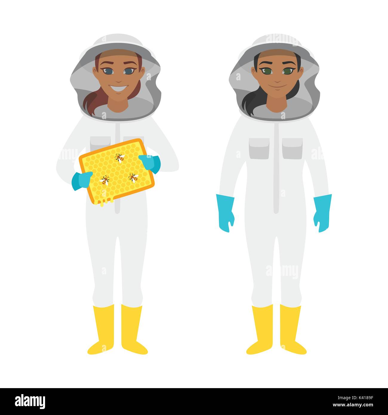 Vector cartoon style beekeeper woman characters. Isolated on white ...
