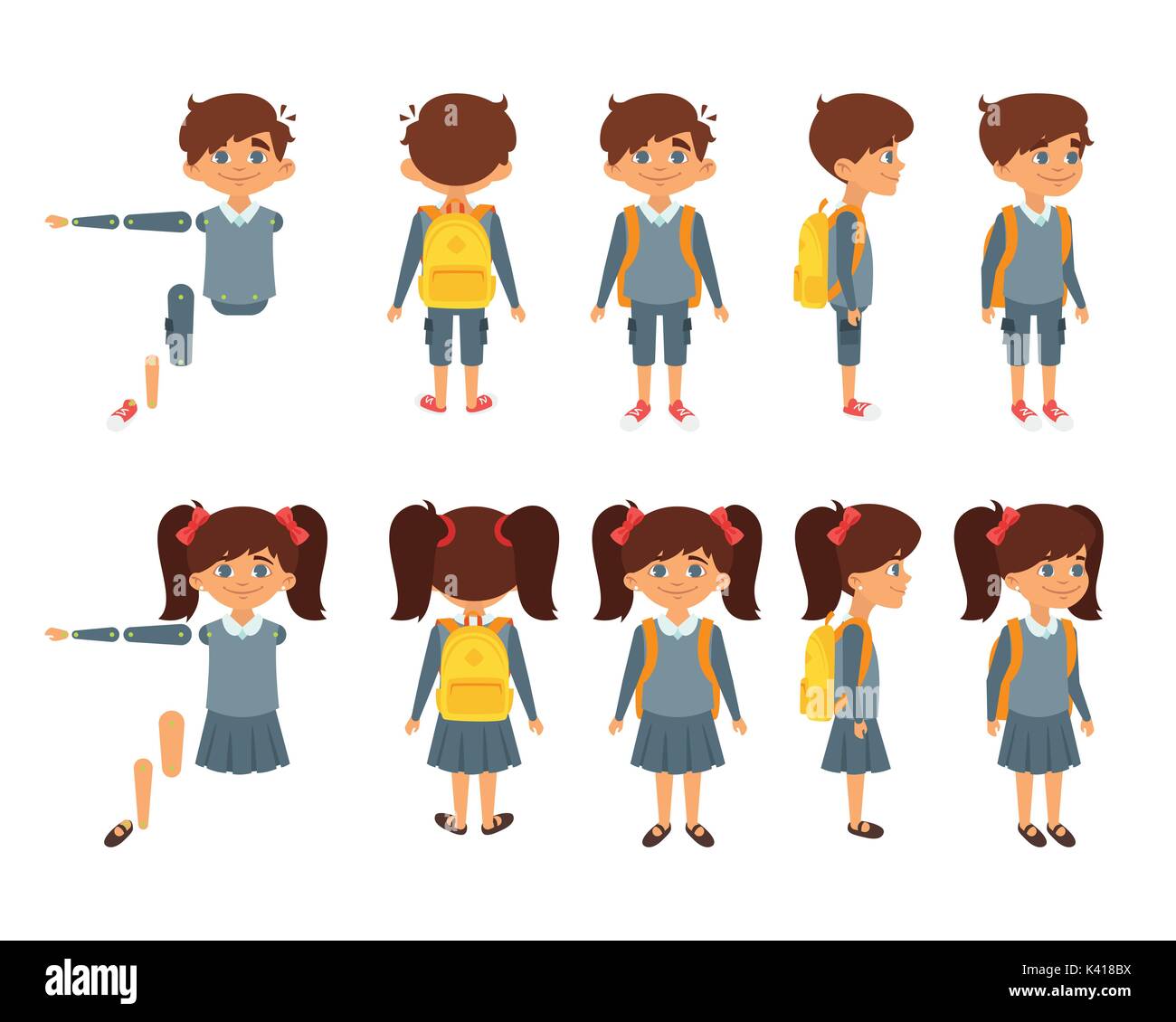 Vector cartoon style set of school boy and girl for animation. Isolated ...