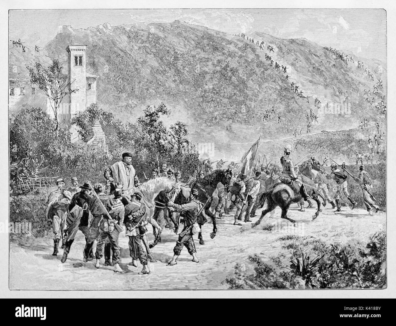 General Garibaldi supported by his soldiers during a fight on a ...