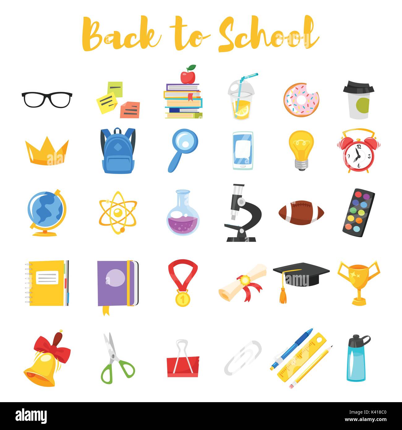 Vector cartoon style set of school icons. Isolated on white background ...