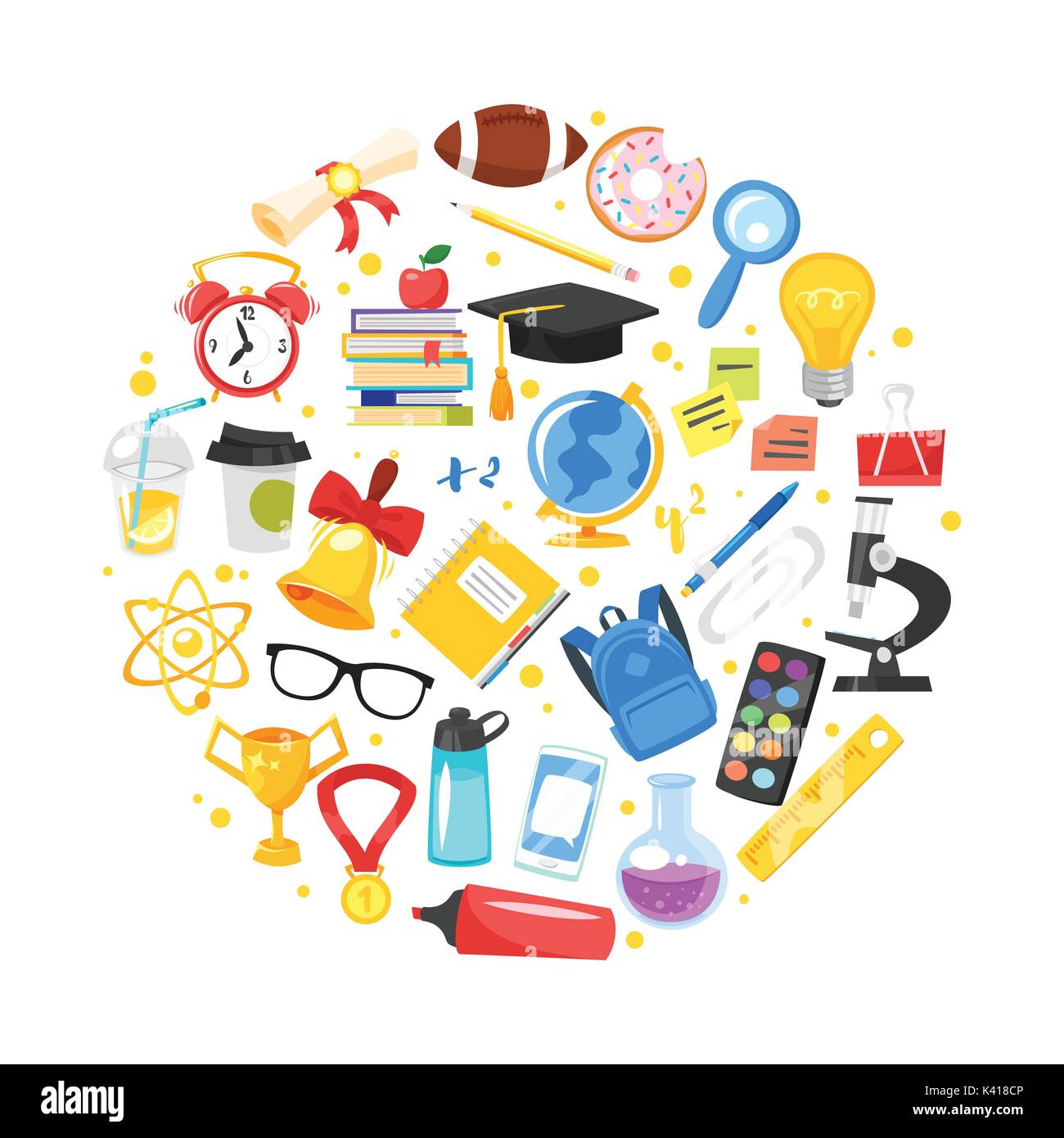Vector cartoon style round composition of school and education symbols ...