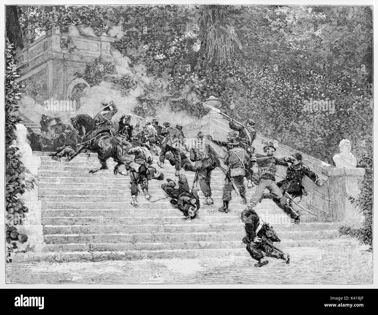 Violent fight between two opposite armies on a flight of steps in a ...