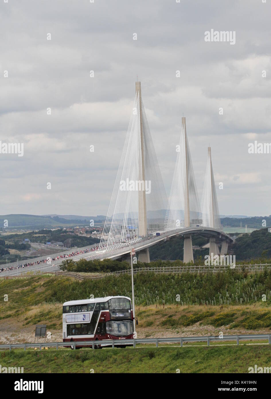 Shuttle bus with Queensferry Crossing bridge during Queensferry ...