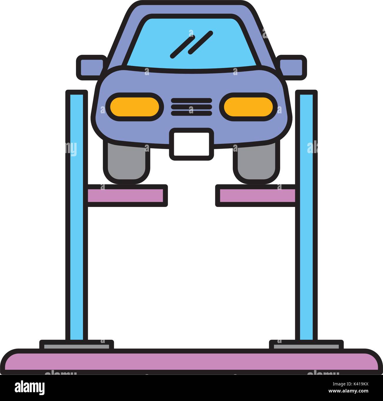 cartoon car with alignment device at wheel alignment service station ...