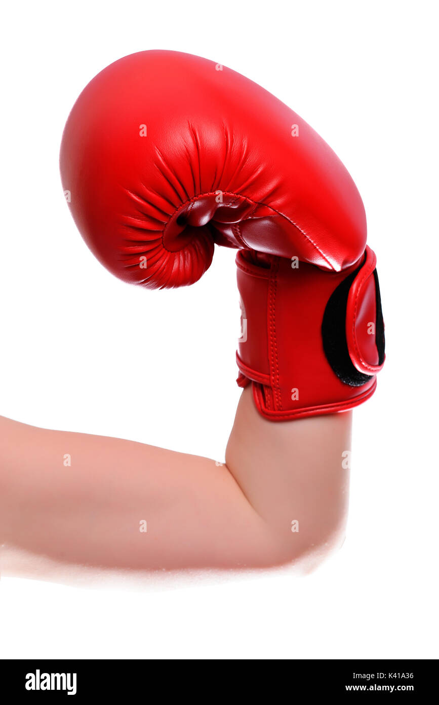 isolated tensed hand in red boxing gloves on white background. Vertical ...