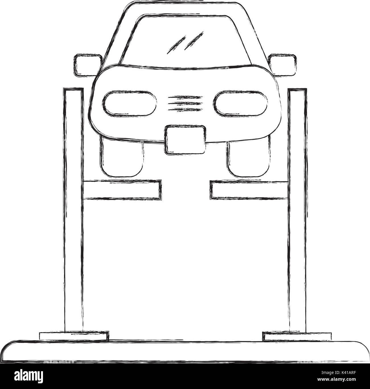 cartoon car with alignment device at wheel alignment service station ...