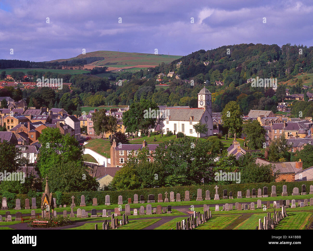 Unusual view looking towards Hawick and St Marys Kirk, Hawick, Scottish ...