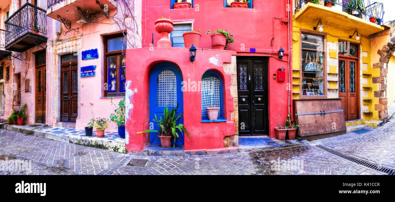 Traditional colorful streets of Chania town in Crete island, Greece ...