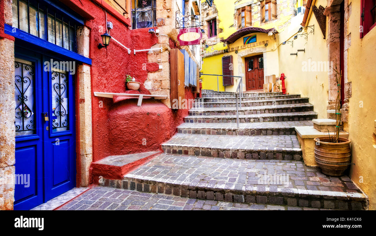 Traditional colorful streets of Chania town in Crete island, Greece ...