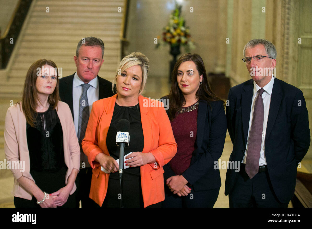 Sinn Fein leader at Stormont Michelle O'Neill (centre) with party ...