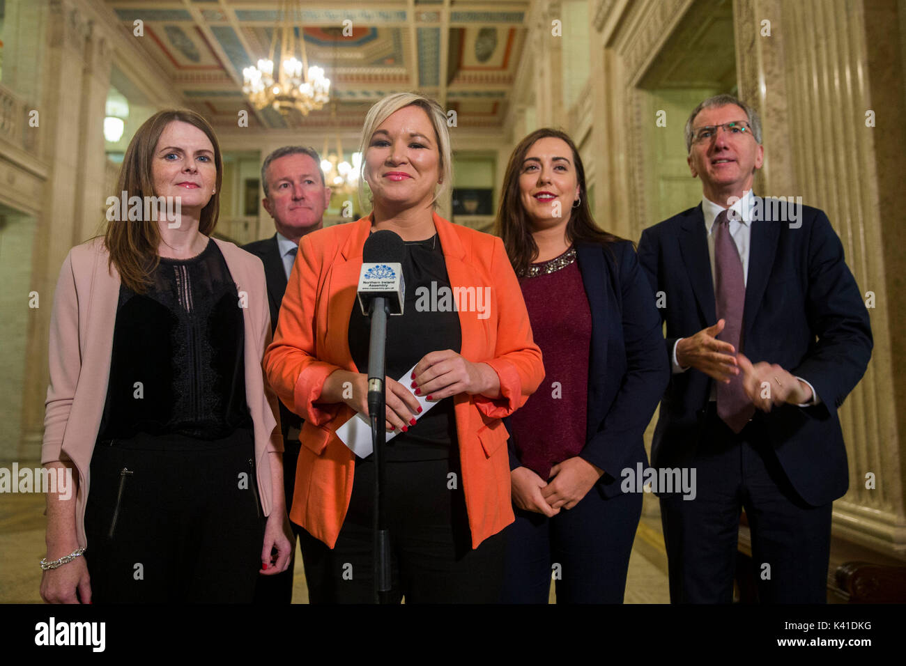 Sinn Fein leader at Stormont Michelle O'Neill (centre) with party ...