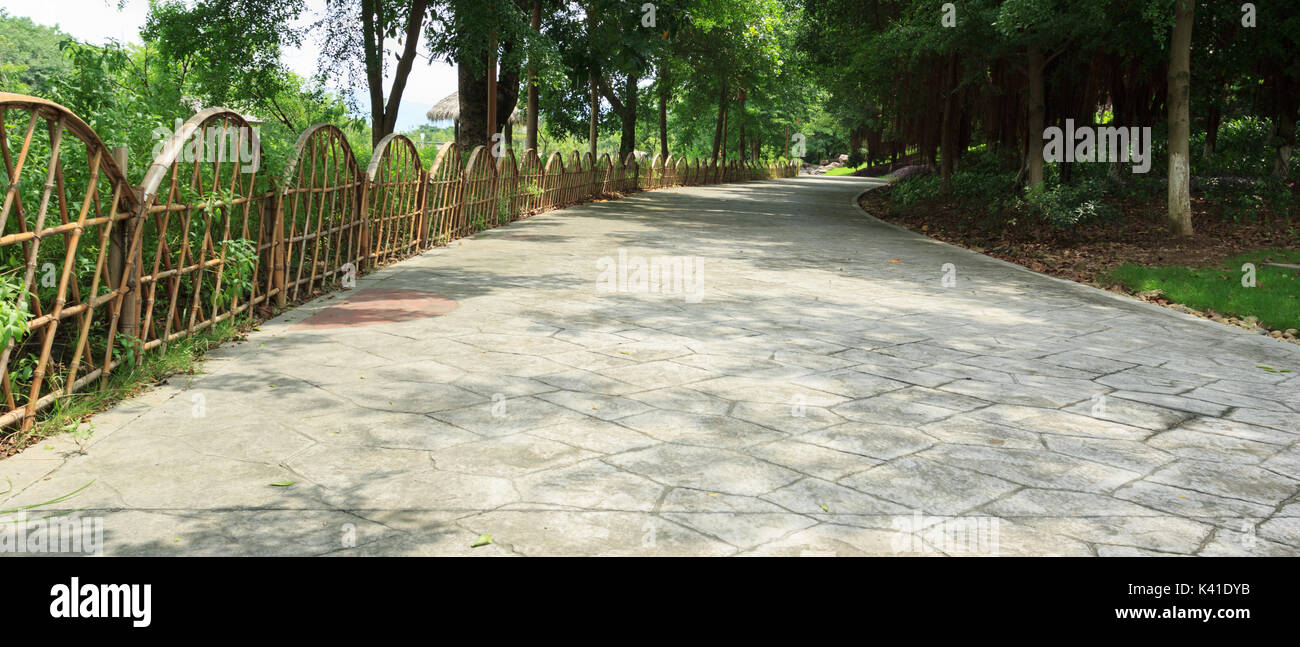 Road to the forest with fence at left side Stock Photo - Alamy