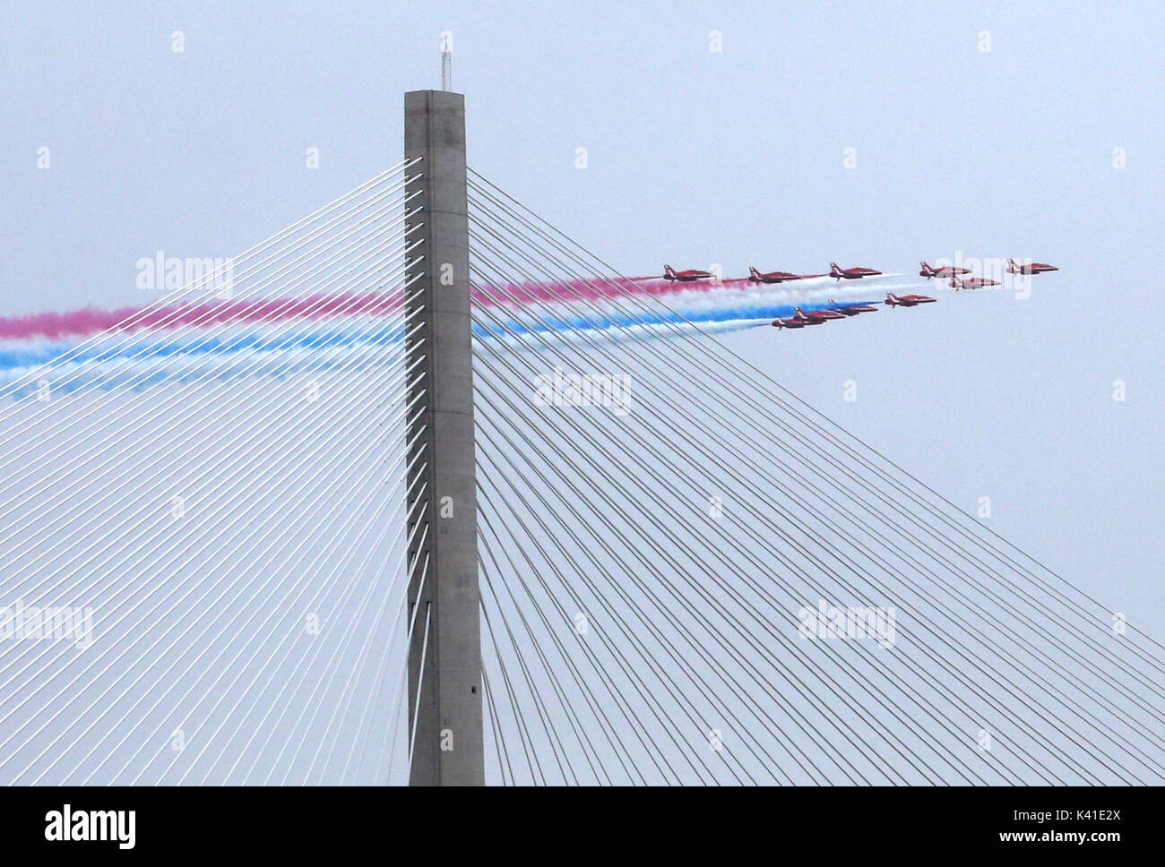 The Red Arrows fly past during the official opening of the Queensferry ...