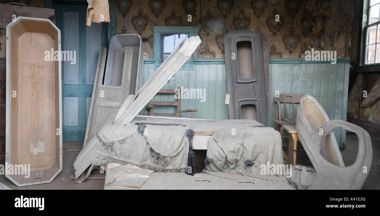 Empty coffins inside rustic frontier morgue in Bodie Historic State ...